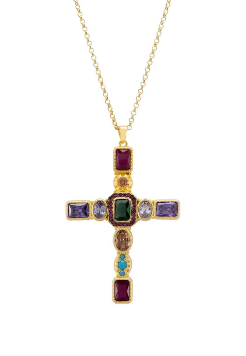 Maria Extra Large Gemstone Fashion Pendant Gold (Cross)