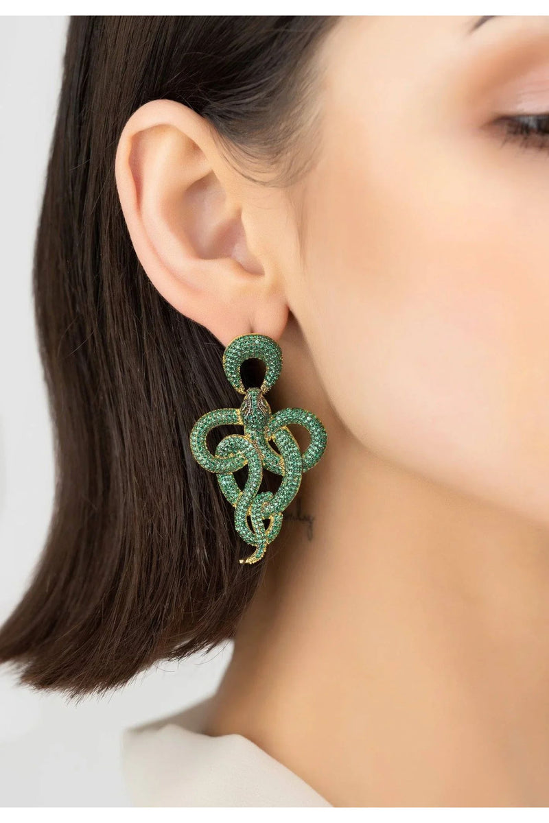 Viper Snake Drop Earrings Gold Emerald